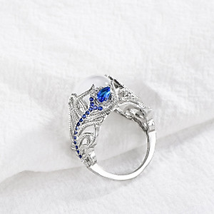 Unique 925 Sterling Silver Floral Ring Moonstone Treasure Blue Sapphire Diamond Jewelry Luxury Exaggerated Engagement Cocktail Party Wedding Band Rings for Women Size 6 - 10 (Blue sapphire,7)
