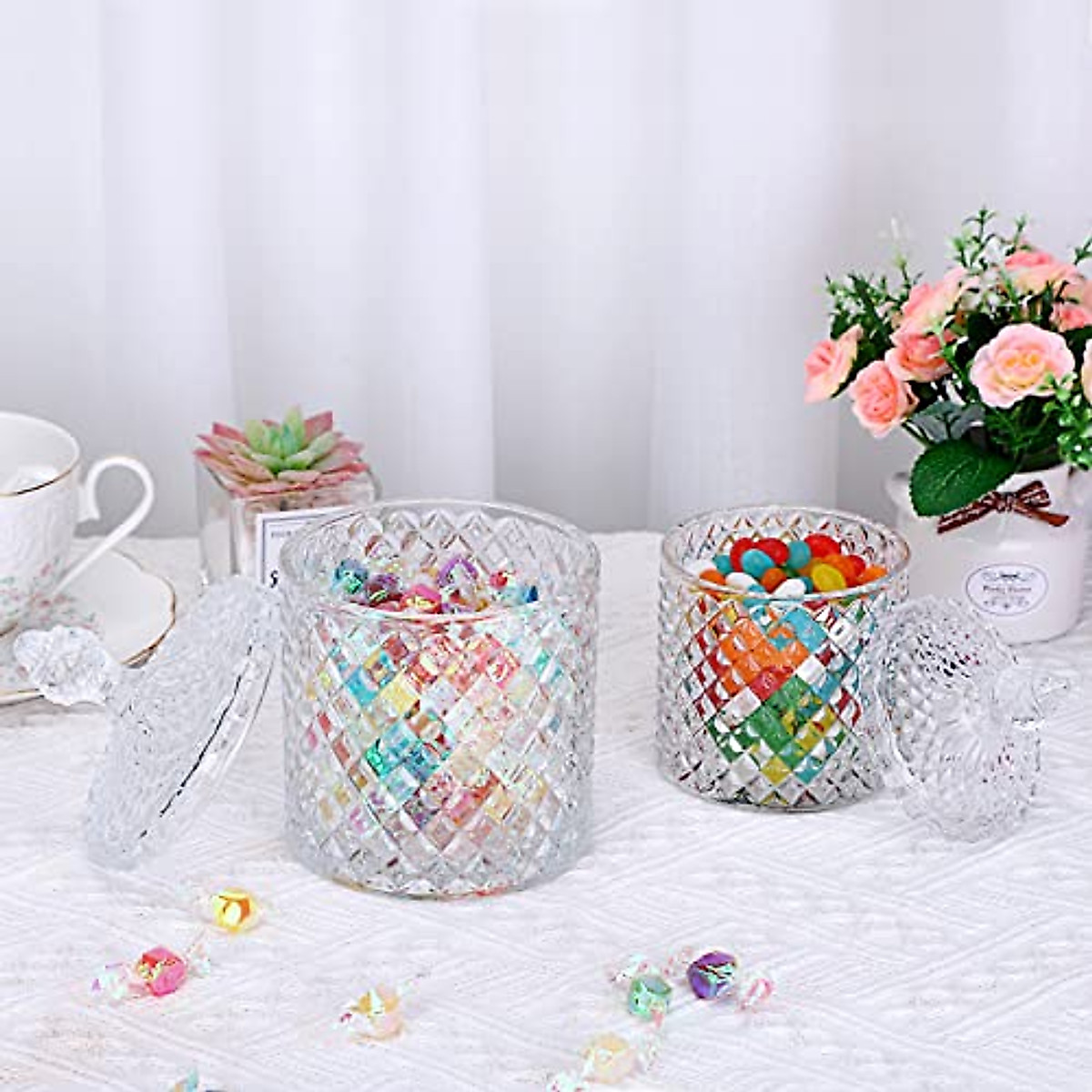 BTSKY Set of 2 Crystal Decorative Jars Glass Qtip Holder with Lids Clear Cotton Swab Holder Apothecary Jar for Bathroom Canisters Classy Candy Dish Decor Jewelry Box for Office Vanity, Large+Small