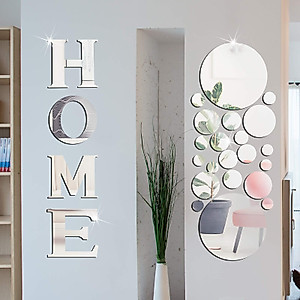 30 Pcs Living Room Wall Decor Home Mirror Wall Stickers Letter Signs DIY Acrylic Mirror Decals 3D Wall Decorations for Home Bedroom Living Room Decor Removable (Silver)
