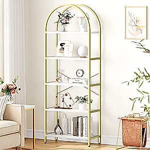 IDEALHOUSE Bookshelf 5 Tier Bookcase Arched Display Racks Tall Standing Bookshelves Metal Frame Modern Storage Rack Shelf Large Wood Book Shelf for Bedroom, Living Room, Home Office, White/Gold