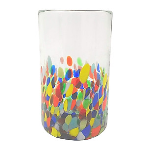 Hand Blown Mexican Drinking Glasses – Set of 6 Confetti Carmen Design Glasses (14 oz each)