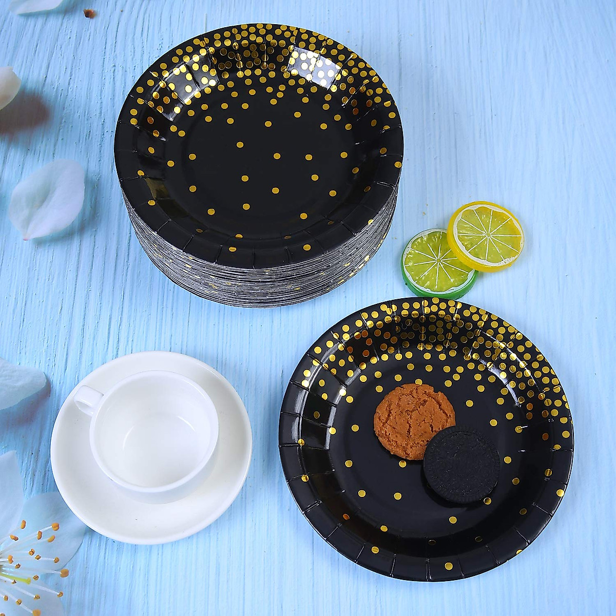 Aneco 60 Pieces 7 Inches Black Bronzing Disposable Paper Plates Dinnerware Plates Gold Foil Polka Dot Plates for Party Graduation Wedding Anniversary Birthday