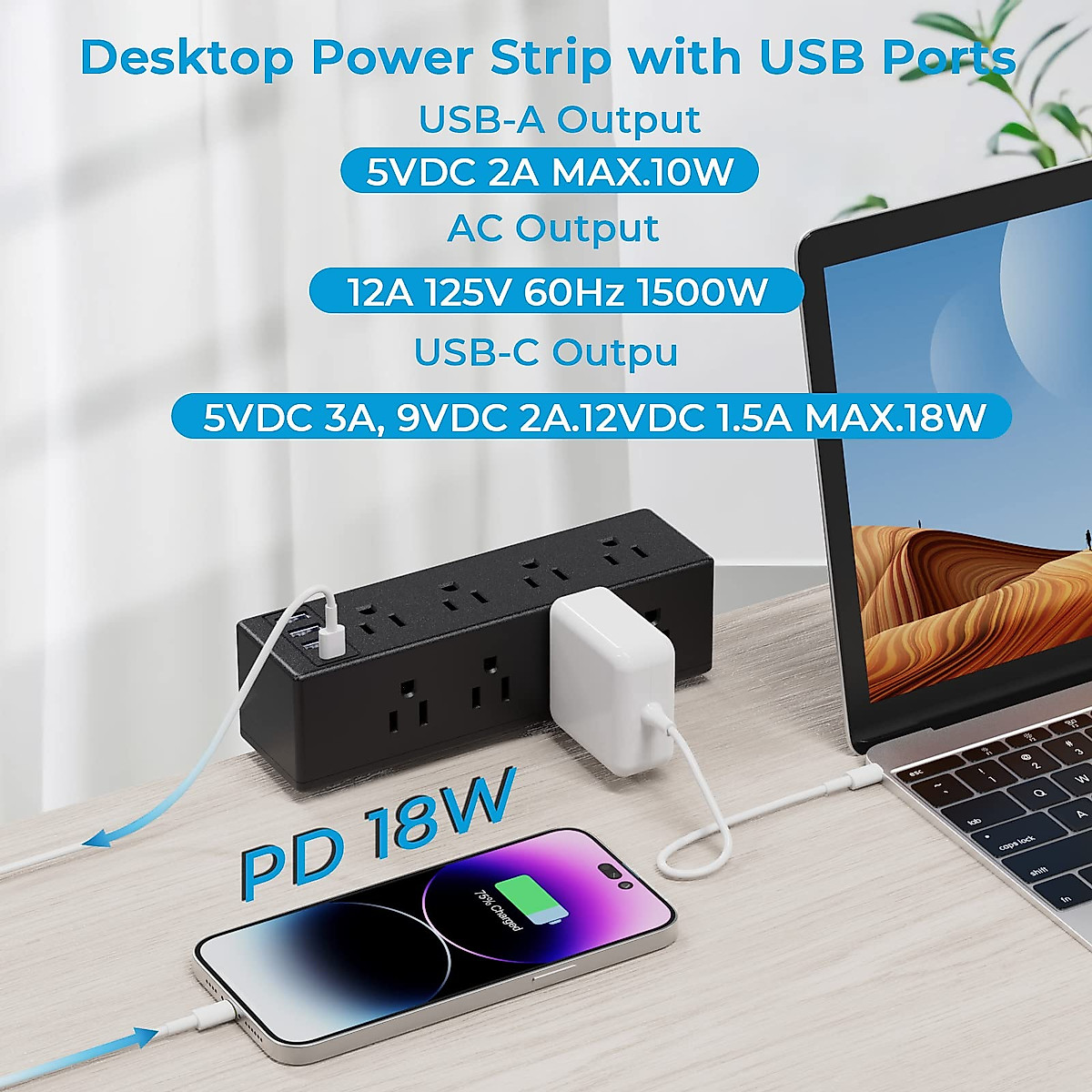 Desk Clamp Power Strip with 8 Outlets, Desk Power with 3 USB-A and 1 USB-C(18W) Ports, Desktop Power Strip Fast Charging Station, 6.6 FT Flat Plug, Desk Mount Power Strip for 1.6" Tables.