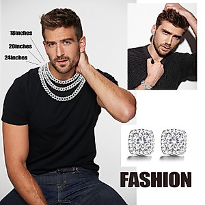 Mens Chains Diamond Cuban Link Chain Necklace Bracelets Set for Men Women Bling Bling Hip Hop Jewelry (Silver 20IN)