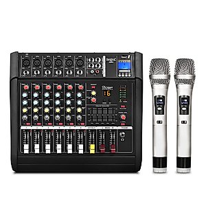 Professional 6 Channel Bluetooth USB Audio Mixer Mixing Console with 2 Handheld Wireless Microphone for Home Studio Recording DJ Network Live Karaoke - Depusheng GM6X