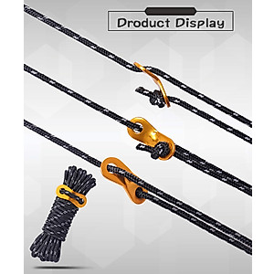 Hikeman 10 Pack 4mm Camping Rope Reflective Outdoor Guy Lines with Aluminum Guyline Adjuster Tensioners Nylon Tent Tie Downs for Hiking Backpacking Tarp,Canopy Shelter (Black)