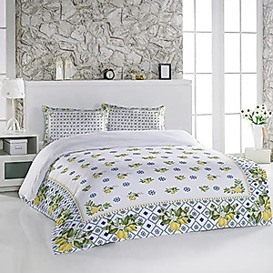 3 Pieces Duvet Cover California King Bedding Sets Summer Lemon Flower and Leaves Luxury Soft Comforter Cover with Pillowcases Retro Tile Lattice on White Microfiber Quilt Covers Set for Bedroom Decor