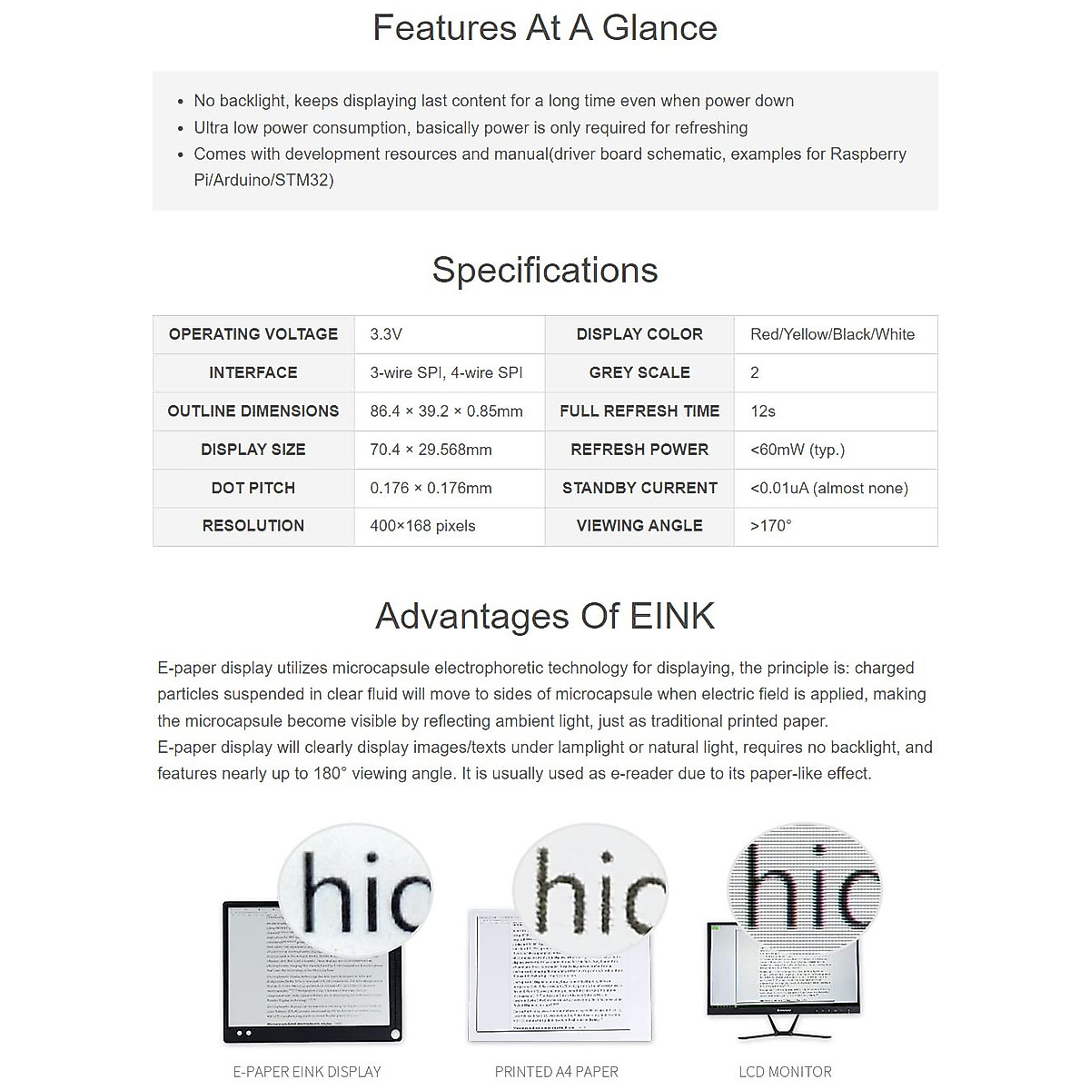 waveshare 3inch E-Paper (G) Raw Display Compatible with Raspberry Pi 4B/3B+/3B/2B/B+/A+/Zero/Zero W/WH/Zero 2W 400×168 Resolution SPI Interface Supports Jetson Nano