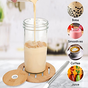 Luxfuel 24oz Wide Mouth Mason Jar Drinking Glasses with Bamboo Lids and Straws,2 Pack Reusable Glass Boba Tea Cup for Smoothie,Iced Coffee,Water,Juice, Pearl Milkshake,Dishwasher Safe, BPA Free