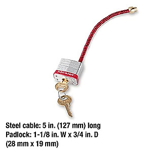 Master Lock 7C5RED Lockout Tagout Circuit Breaker Compact Padlock with 5 in. Long Flexible Steel Cable, Red