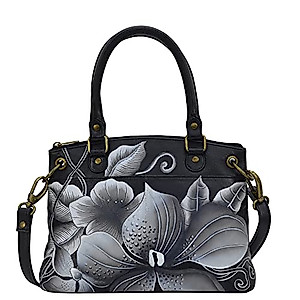 Anna by Anuschka Women's Leather Small Satchel, Midnight Floral Black, One Size US