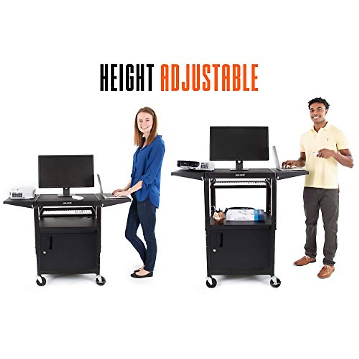 Line Leader AV Cart with Locking Cabinet and Drop Leaves | Height Adjustable Utility Cart with Extra Storage | Power Strip and Cord Management | Great for Presentations (Black / 46 x 18)