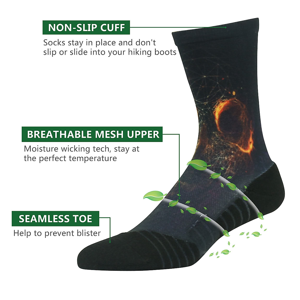 HUSO Galaxy Print Comfortable Moisture Wicking Dress Atheletic Mid Calf Hiking Socks 4 Pairs for Men Women (Multicolor, L/XL)