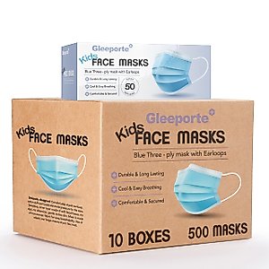 Gleeporte [500 Kids Masks] Children's Size Single Use Disposable Kids Face Mask, Boys and Girls, Soft on Skin, Bulk Pack 3-Ply Masks | Facial Cover with Elastic Earloops For Childcare, School