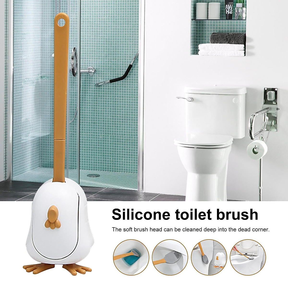 Hondony Toilet Brush and Holder Set,Wall Toilet Wand Long Handle Toilet Cleaner Brush | Long Handle Silicone Toilet Bowl Brush Head with Soft Bristles for Wash Basin