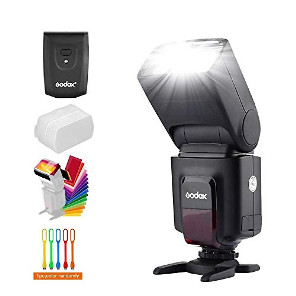 Godox Wireless 433MHz GN33 Camera Flash Speedlite with Built-in Receiver with RT Transmitter Compatible for Canon Nikon Sony Olympus Pentax Fuji DSLR Cameras with Diffuser + Filters + USB LED