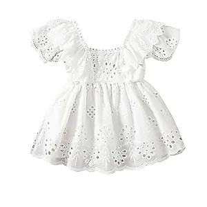 Newborn Infant Girls Short Sleeve Lace Dress Solid Color Hollow Out Ruffles Decor Sweet Dress, Casual Girls White Lace Dress (White, 0-3 Months)