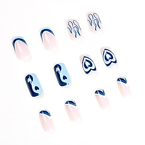 DANMANR Medium Press on Nails Full Cover Fake Nails Acrylic Stick on Nails False Nails for Women and Girls (Blue heart french nails)