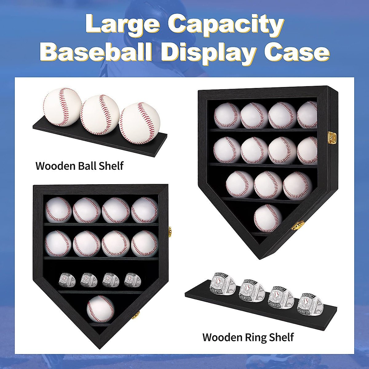 Kacorn Baseballs and Championship Rings Display Case Wall Cabinet with 12 Holders, 98% UV Protection, Wood Ideal for Collection Autographed Baseball Ball Holder