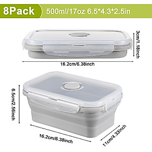 Mifoci Set of 8 Silicone Collapsible Food Storage Containers 17 oz Collapsible Meal Prep Container Square Bowl with Vent Lids, Microwave, Freezer and Dishwasher Safe(Gray)