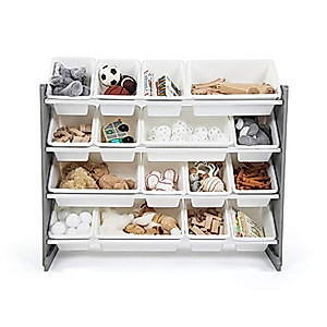 Humble Crew Kids Wood Table 4 Chairs Set, White/Grey & Supersized Wood Toy Storage Organizer, Extra Large, Grey/White