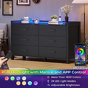 EPHEX Dresser for Bedroom, 6 Drawer Double Dresser with LED Lights, Wood Chest of Drawers, Modern Storage Dresser for Bedroom, Black