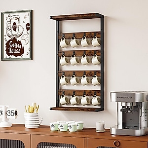 Homeiju 16-Hook Large Coffee Mug Holder for Countertop/Wall Mounted,4 Tier Coffee Cup Holder with Top & Bottom Storage Shelf,Adjustable hook & Shelves,Mug Rack Stand for Home Bar,Coffee Station