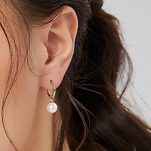 Pearl Hoop Earrings for Women 14k Gold Plated Pearl Dangle Small Hoop Earrings with 925 Sterling Silver Post (Gold)