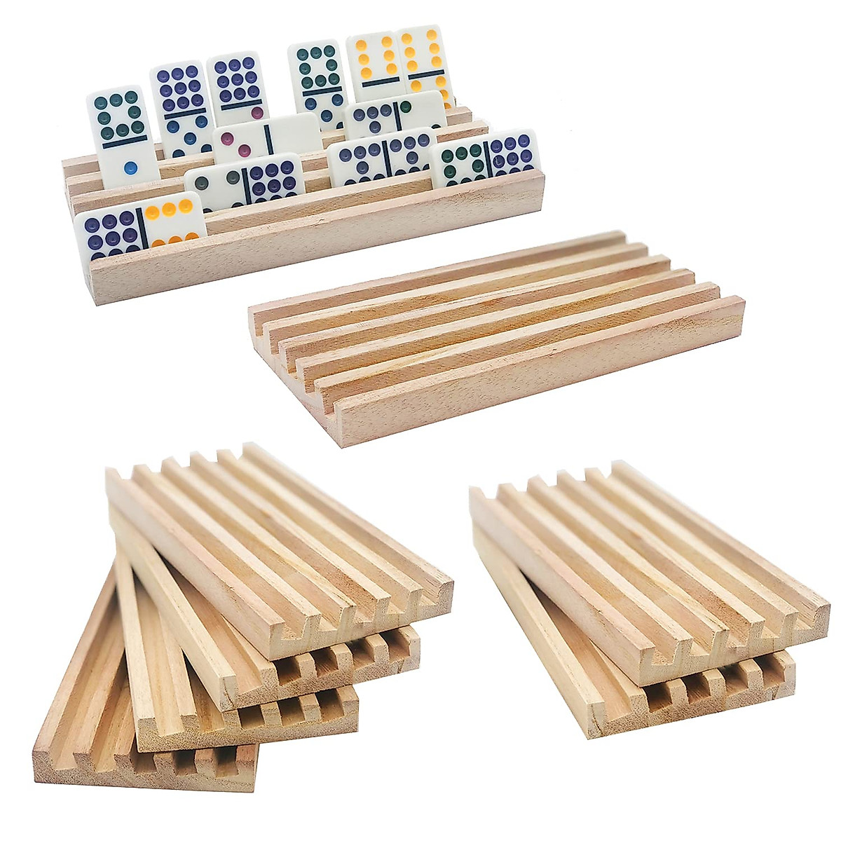 ESSAJOY Wooden Domino Trays/Racks Set of 8 Mexican Train Domino Trays/Racks Double 12 Tiles Holders Rack Domino Tiles Holders Domino Wood Holder【 Dominoes not Included】