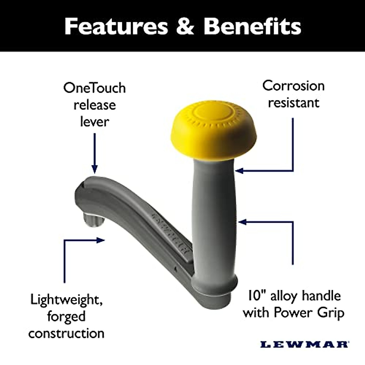 Lewmar 10" One Touch Aluminum Winch Powergrip Handle – Lightweight, Corrosion-Resistant, Marine-Grade Alloy, one-Touch Lock-in Winch Handle with Ball Bearing Grip, Three-Year Warranty