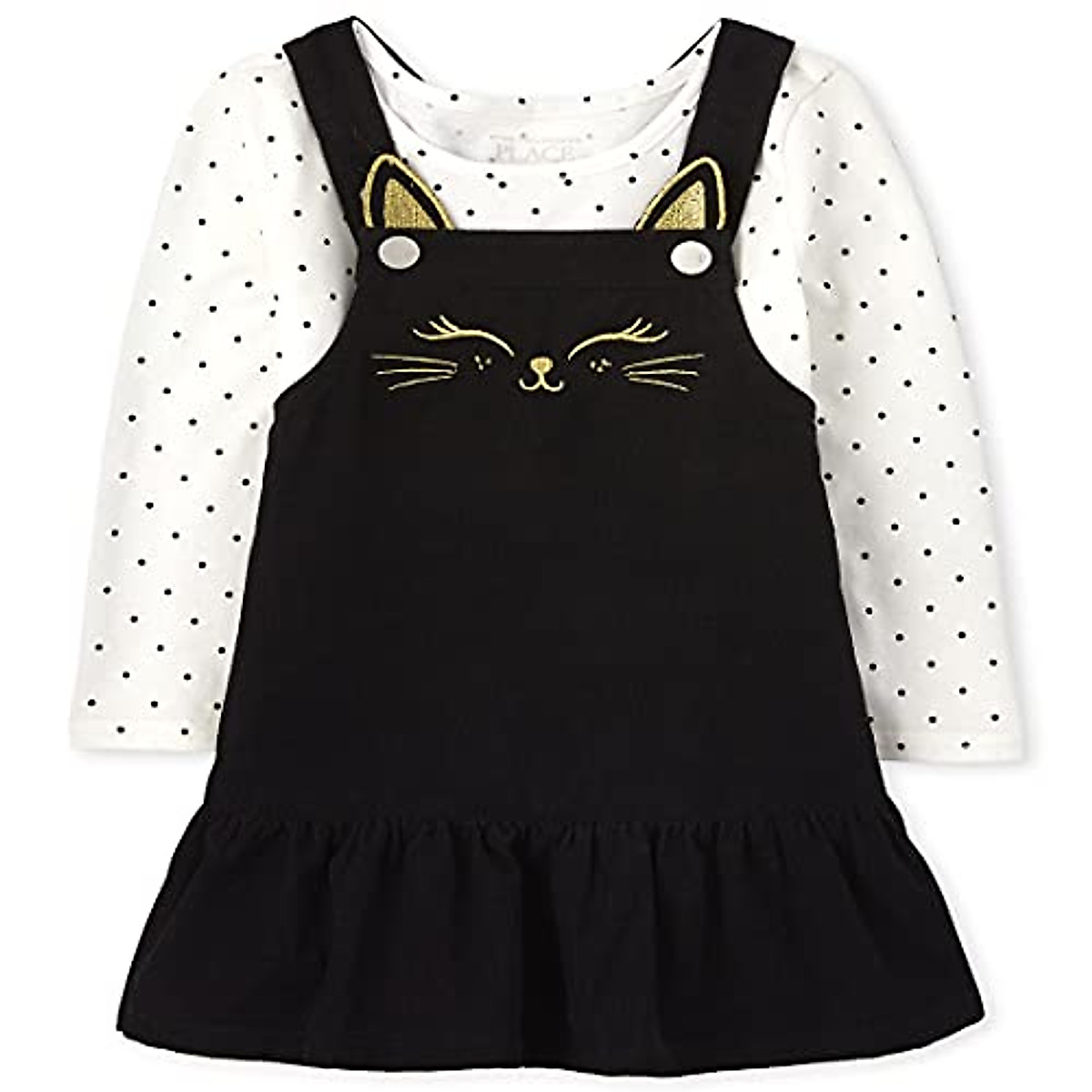 The Children's Place Baby Girls and Toddler Sleeveless Cat Corduroy Skirtall Dot Print Top 2-Piece Set Pants, Black/White Cat, 12-18 Months US