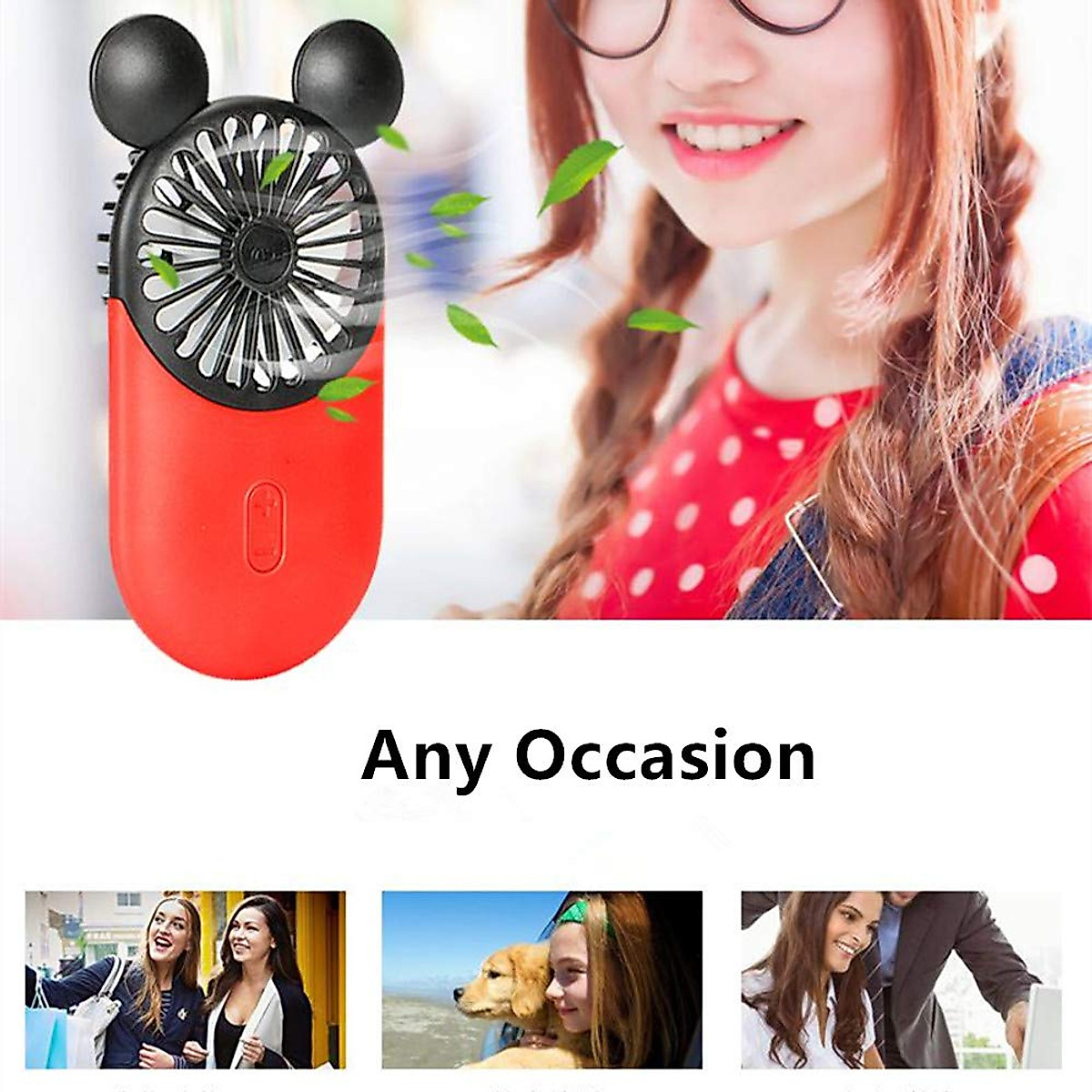 Kbinter Cute Personal Mini Fan, Handheld & Portable USB Rechargeable Fan Beautiful LED Light, 3 Adjustable Speeds, Portable Holder, for Indoor Outdoor Activities, Cute Mouse 3 Pack (Red+Pink+Yellow)