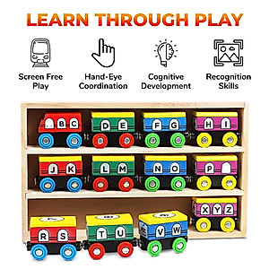 On Track USA Wooden Train Set ABC Magnetic Trains for Toddlers 12 Pieces, Compatible with All Train Track Accessory Sets, Alphabet and Numbers Toy Trains for Boys and Girls