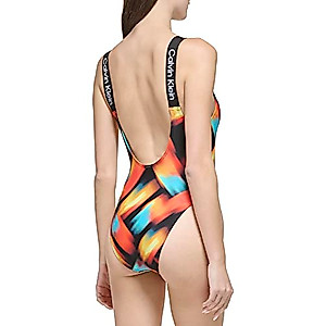Calvin Klein Women's Standard Logo Elastic Straps Low-Cut Back Removable Soft Cups One Piece, Black City Lights