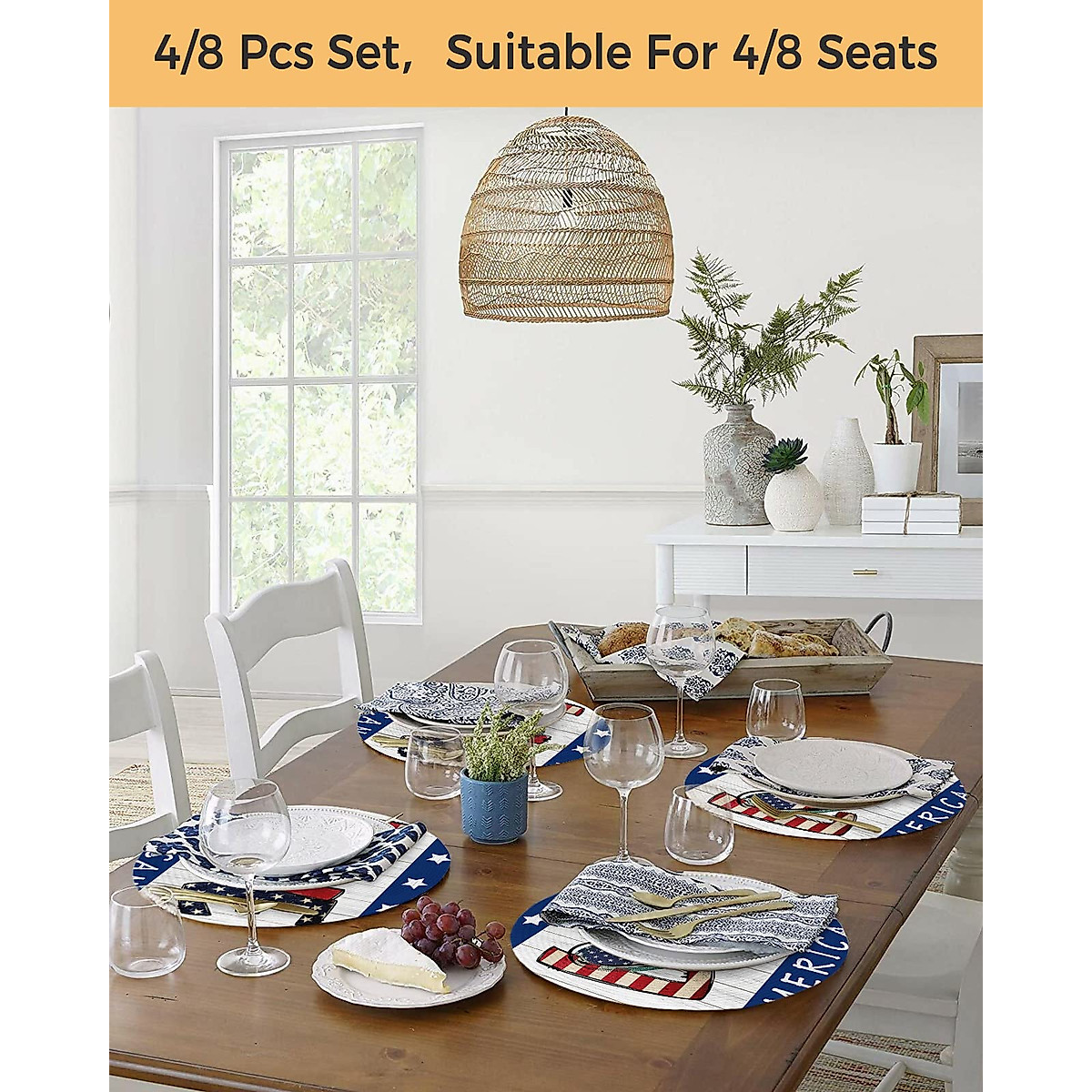 Round Placemats for Dining Table Set of 6 American Flag Patriotic Stars July 4th Place Mats Circle Woven Placemat Love American Wooden Patriotic Braided Table Mat for Kitchen Dinner Party 13 Inch