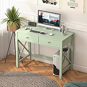 WiberWi Home Office Desk with Drawers, Small Writing Computer Desk for Bedroom, Modern Green Makeup Vanity Table Desk for Girls, Study Table for Home Office