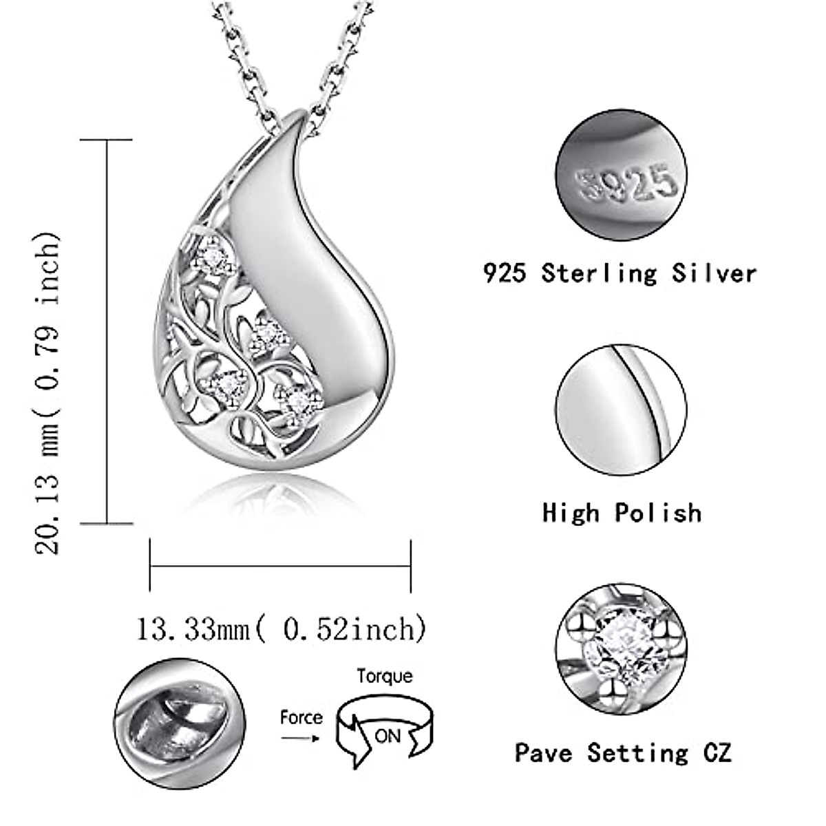 925 Sterling Silver Tree of Life Teardrop Urn Necklace for Ashes Family Tree Keepsake Cremation Pendant Memorial Jewelry for Women