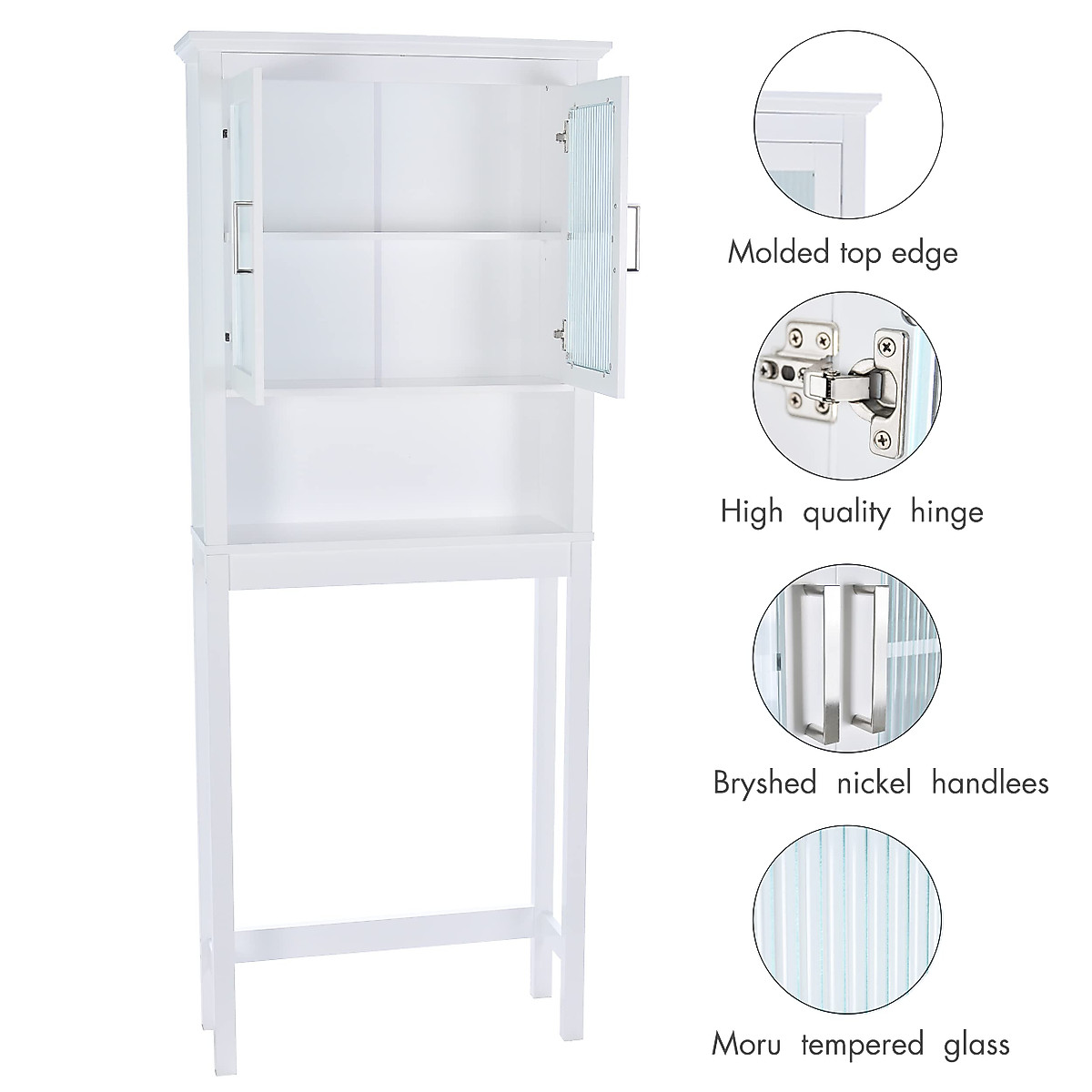 Spirich Over The Toilet Cabinet for Bathroom Storage, Above Toilet Storage Cabinet with Moru Tempered Glass Doors, White