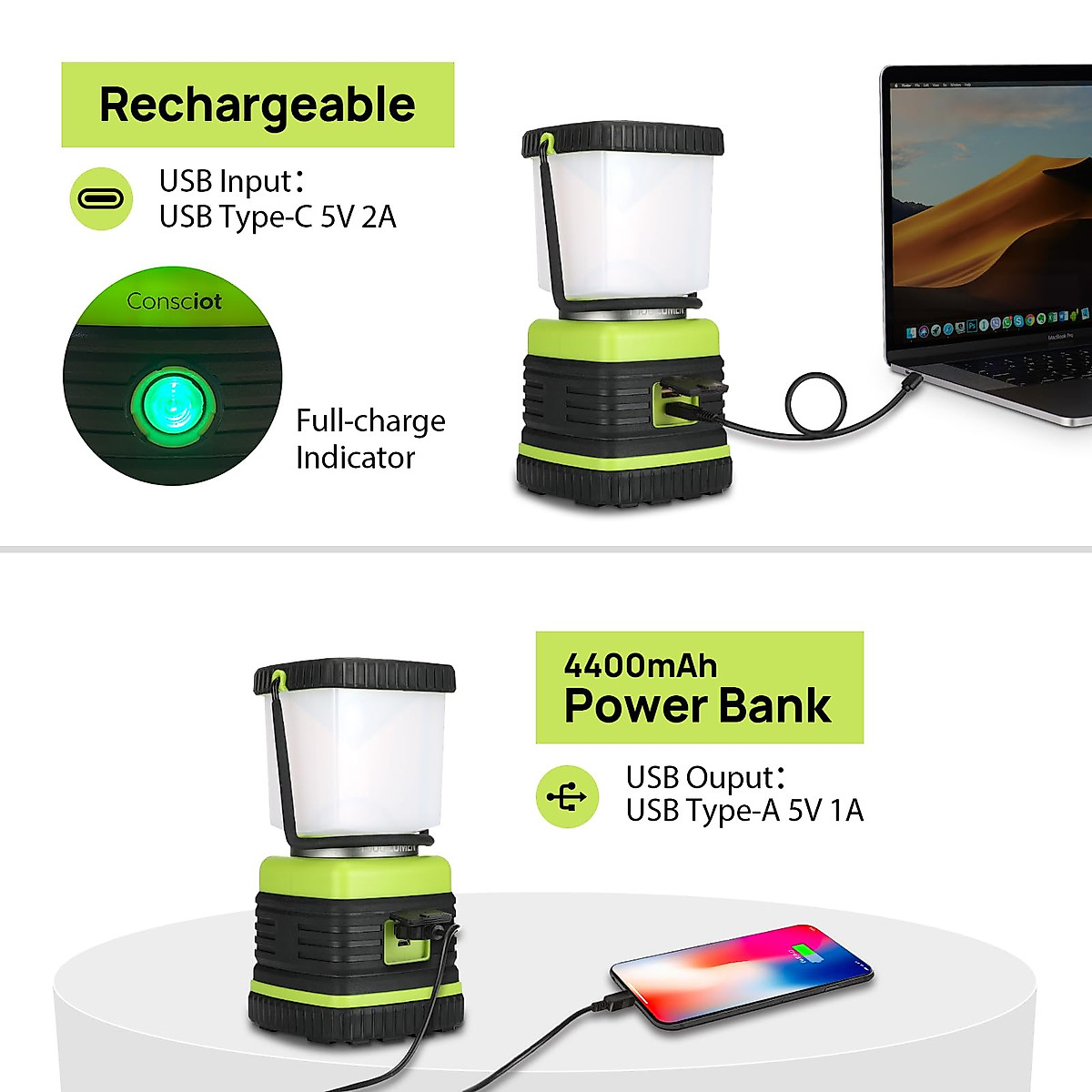 LED Camping Lantern Rechargeable, Consciot Camping Lights, 1000LM, 4 Light Modes, 4400mAh Power Bank, IPX4 Waterproof, Dimmable Tent Lights for Emergency, Power Outages, USB C Cable Included, 2 Pack