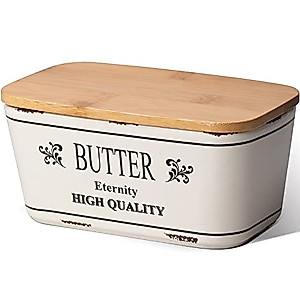 Hasense Farmhouse Butter Dish with Lid for Countertop, Butter Keeper & Holder, Large Butter Container for Fridge with Bamboo Freshness Seal, Enhance Kitchen Decor, Holds Two Sticks of Butter, White