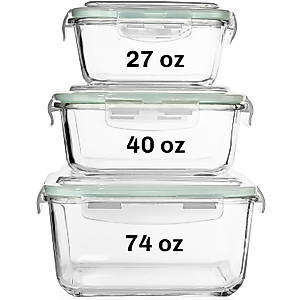 Extra Large Glass Food Storage Containers with Airtight Lid 6 Pc [3 containers with lids] Microwave/Oven/Freezer & Dishwasher Safe. BPA/PVC Free X-Large/Large/Medium Size Reusable Square container set