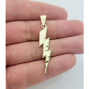 AMZ Jewelry Solid 10K Yellow Gold Lightning Bolt Necklace Pendant Diamond Cut 1.7 inch