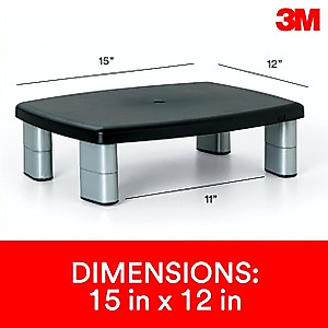 3M Adjustable Monitor Stand Riser, Three Leg Segments Simply Adjust Height, Sturdy Platform Holds Up to 80 lbs for Monitors, Laptops, and Printers, Space for Storage Underneath, Silver/Black (MS80B)