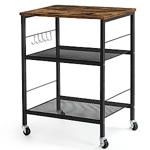 LIANTRAL Rolling Cart, 3-Tier Utility Microwave Bar Coffee Cart Kitchen Storage Shelf On Wheels, Brown Large Side End Table Nightstand for Home Office
