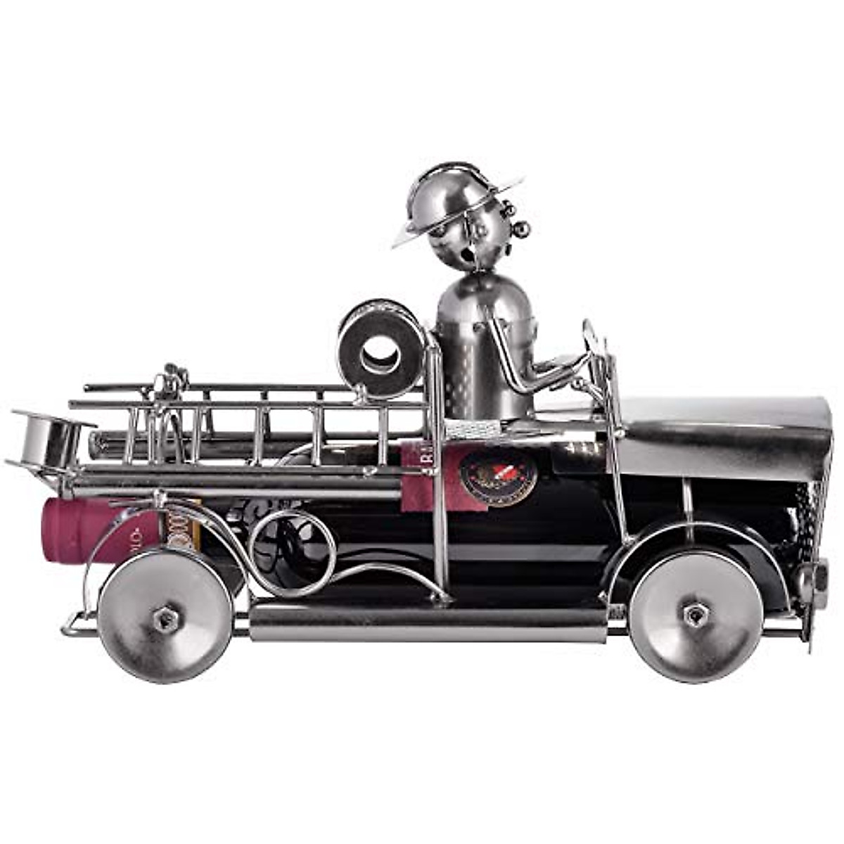 BRUBAKER Wine Bottle Holder 'Fire Engine' - Table Top Metal Sculpture - with Greeting Card