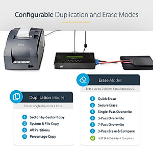 StarTech.com 1:1 Standalone Hard Drive Duplicator and Eraser, SAS/SATA HDD/SSD Cloner/Copier, Hard Drive Duplicator/Sanitizer, Harddisk/Harddrive Wiper, LCD, Toolless, TAA Compliant (SATSASDUPE11)