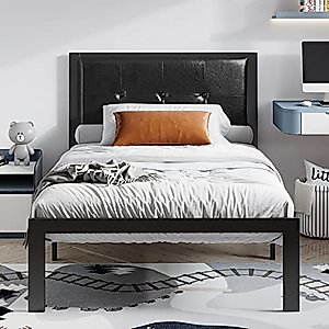 AEZOS Twin Metal Platform Bed Frame with Headboard & Footboard, Heavy Duty Steel Slats Support, Platform Mattress Base No Box Spring Needed, No Noise, Easy Assembly, Faux Leather, Black