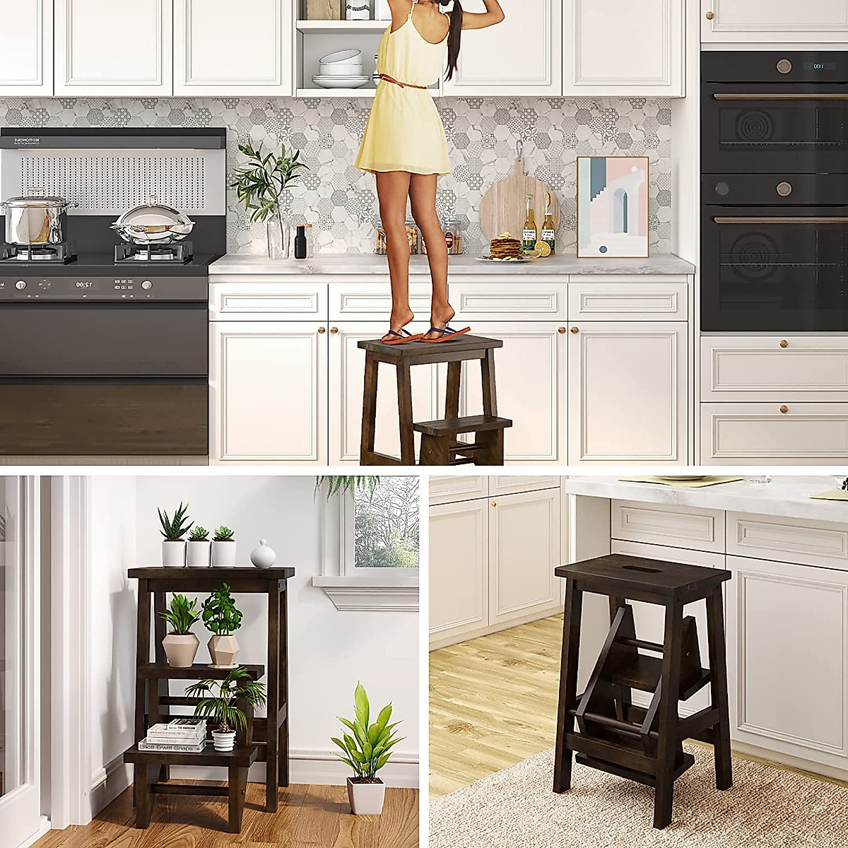 GLACER 3-Tier Folding Step Stool, Portable Wood Step Ladder for Adults & Kids, 3-in-1 Storage Shelf Flower Rack Foot Stool, Ideal for Home, Kitchen, Library (Brown)