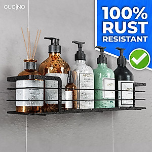 Cucino Extra-Large Shower Caddy 2-Pack - 16-Inch Rust-Resistant Black Shower Shelves for Inside Shower, Adhesive Organizer with 4 Removable Hooks, XL Shower Racks for Inside Shower