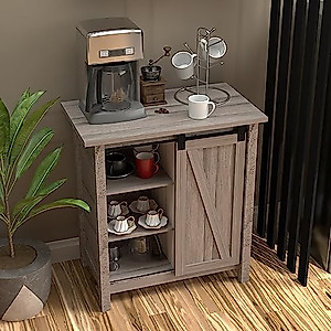 Landia Home Farmhouse Coffee Bar Cabinet with Sliding Barn Door, Accent Cabinet with 3 Tiers Shelves, Cabinet for Entryway, Living Room, Bathroom, and Kitchen, Grey